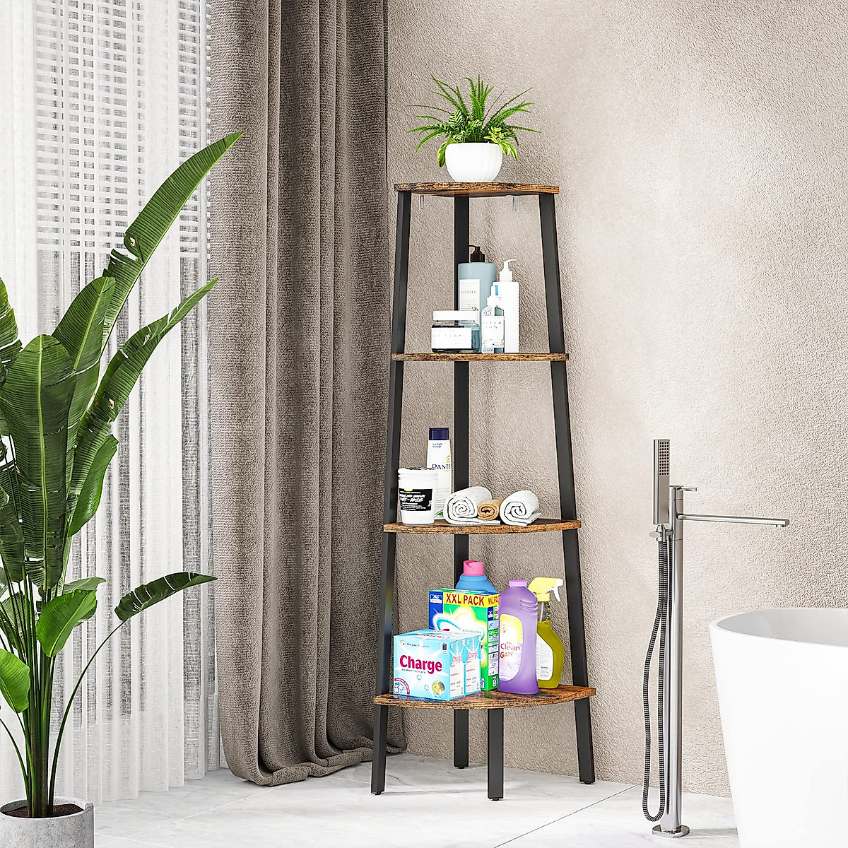 Bennio Brenny Corner Shelf, 4-Tier Ladder Bookshelf, Metal Frame Storage Rack, Shelving Unit, Plant Stand for Living Room, Home Office, Kitchen