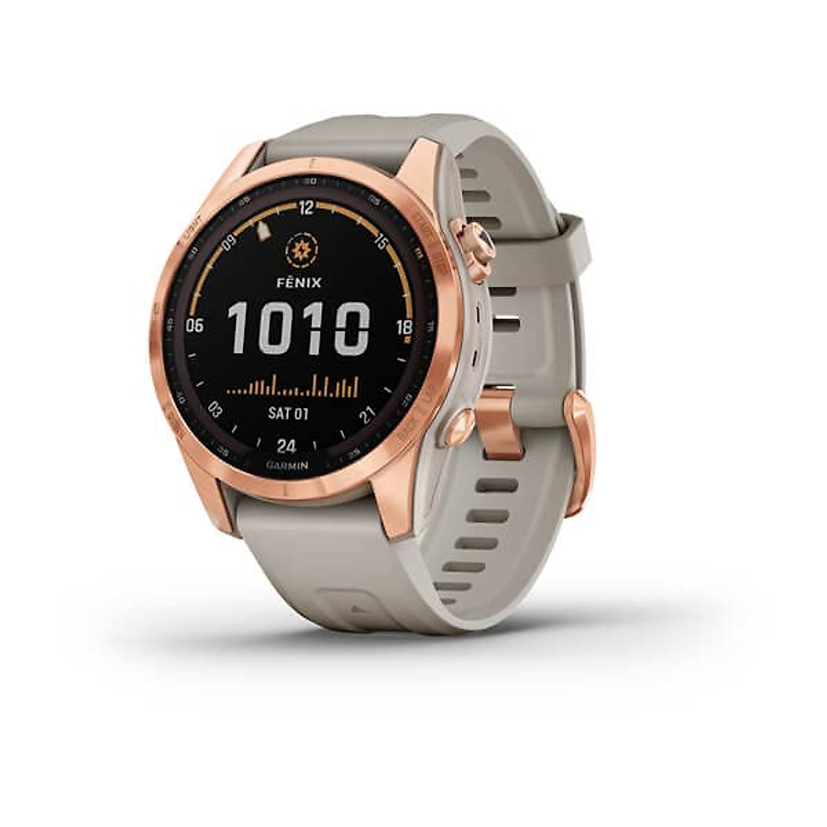 Garmin Fenix 7S Solar Edition Smart Watch Rose Gold with Light Sand Band (42mm) + Watch Charging Stand + USB Car/Wall Adapter + 6TH AVE Cleaning Kit (010-02539-10)