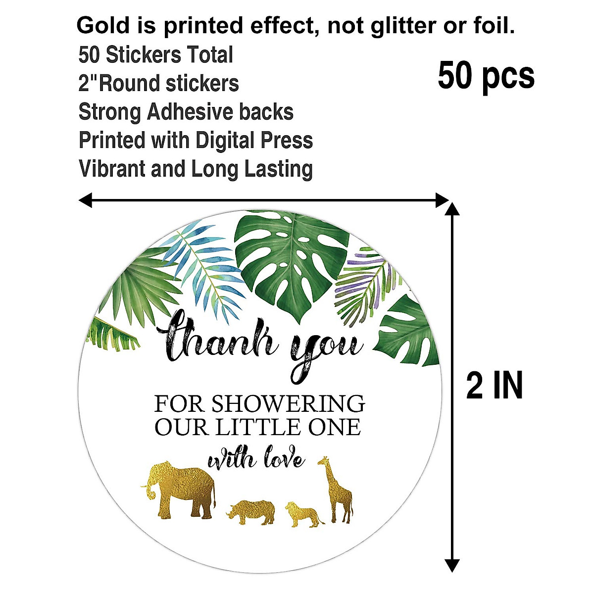 50 Jungle Gold Baby Shower Stickers, Thank You for Showering Our Baby with Love Stickers, Baby Shower Favors for Boy or Girl, Baby Shower Favor Labels for Birthday Party, 2 Inches