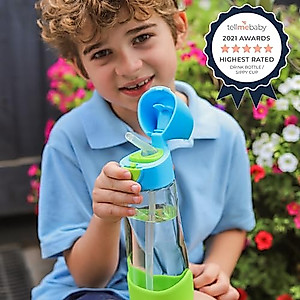 b.box 20oz Tritan Straw Bottle | Large, Modern Water Bottle with Flip Straw for Kids | Spill Proof, BPA Free (Emerald Forest, 20 oz)