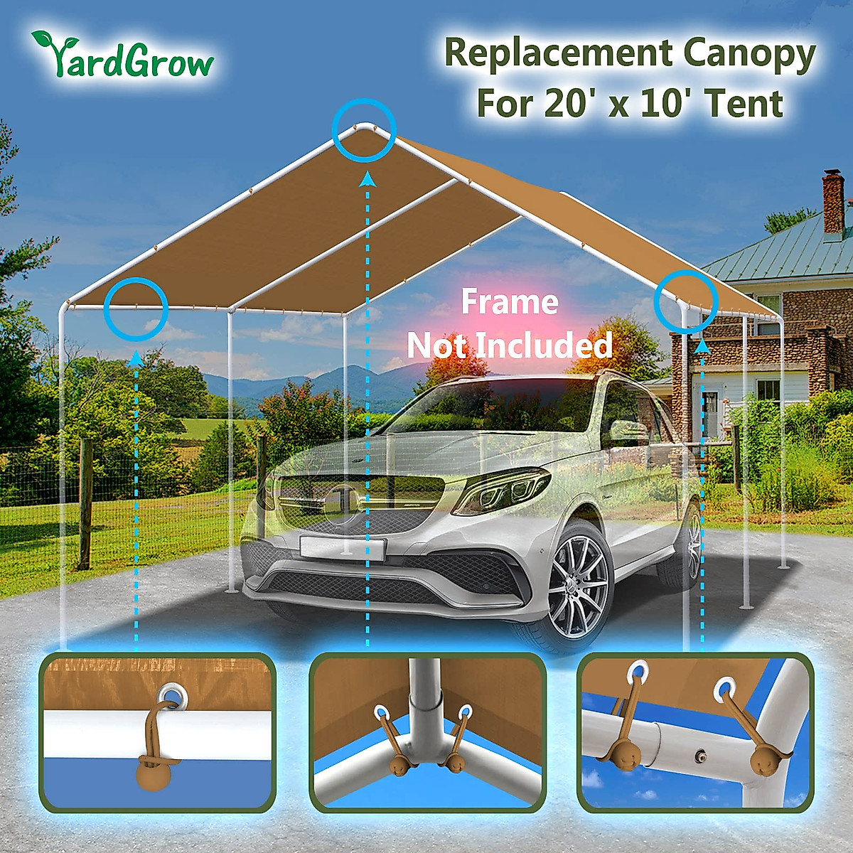 YardGrow 10'x20' Carport Replacement Canopy Cover for Tent Car Shelter Top Tarp Cover w/Bungees, Carport Canopy Top Replacement Cover ONLY (Tan)