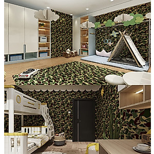 Self-Adhesive Vinyl Green Camouflage Contact Paper Peel and Stick Camouflage Wallpaper for Walls Cabinets Furniture Door Classroom Arts Crafts Removable 17.7x117 Inches