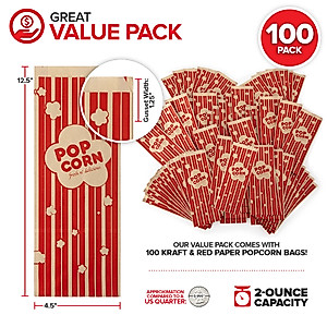 2 oz Paper Popcorn Bags Bulk (100 Pack) Large Kraft & Red Pop-corn Bag Disposable for Carnival Themed Party, Movie Night, Halloween, Popcorn Machine Accessories & Supplies, Individual Servings