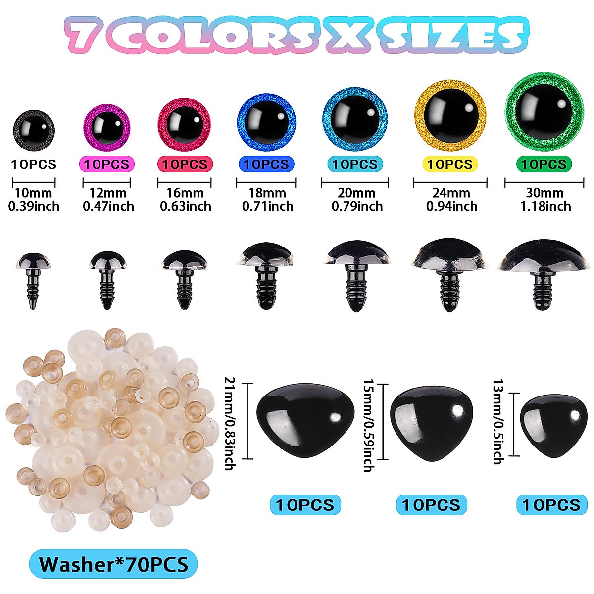 Ferenala 100Pcs 10-30mm Safety Eyes and Noses Large Plastic Craft Crochet Eyes Glitter Doll Eyes with Washers for Plush Animals Stuffed Animals DIY Puppet Bear Toy Doll Making Supplies (Multicolor)
