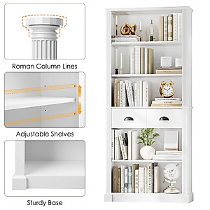 FACBOTALL 5-Tier Bookcase, Book Shelf with 2 Drawers, Tall Bookcase with Shelves, Vintage Display Storage Shelves, Bookshelves for Bedroom, Living Room and Home Office White