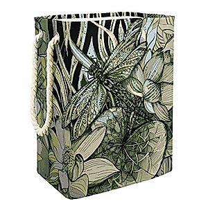Toy Storage Basket Green Dragonfly Flower Laundry Basket with Durable Soft Handle Drawstring Waterproof Collapsible Washing Bin Dirty Clothes Storage 19.3x11.8x15.9 in