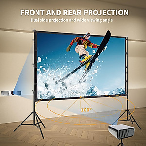 Portable Projector Screen with Stand, 150 inch 16:9, Outdoor Projector Screen, Foldable, Ironable and Washable, Front and Rear Projection Screen, Idea for Home Cinema, Business, Backyard Party.