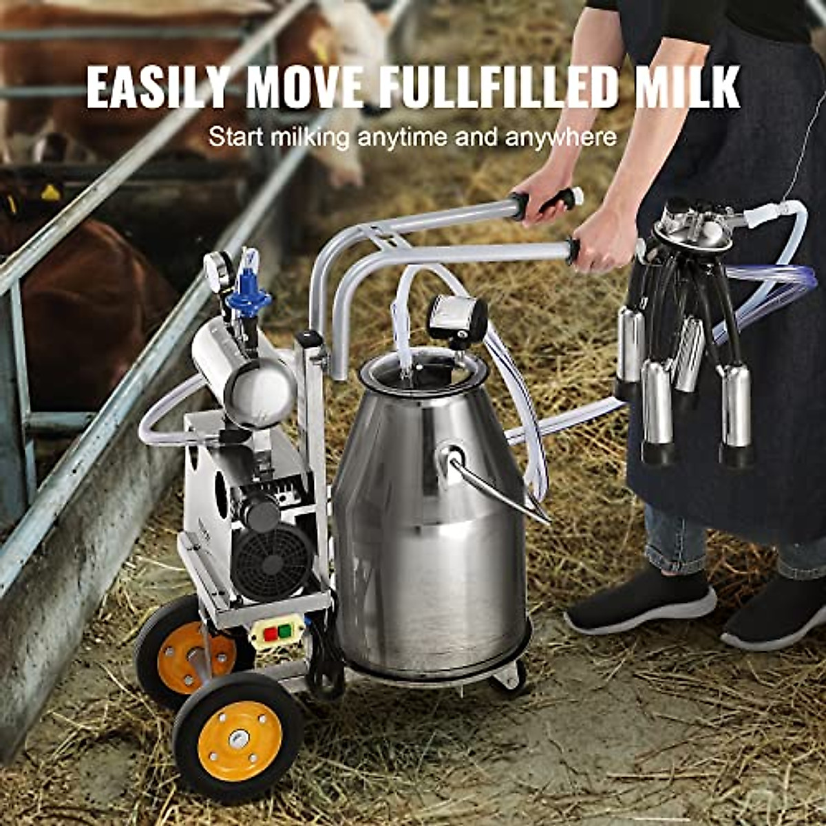 VEVOR Electric Cow Milking Machine, 6.6 Gal / 25 L 304 Stainless Steel Bucket, Automatic Pulsation Vacuum Milker, Portable Milker with Food-Grade Silicone Cups and Tubes, Adjustable Pressure