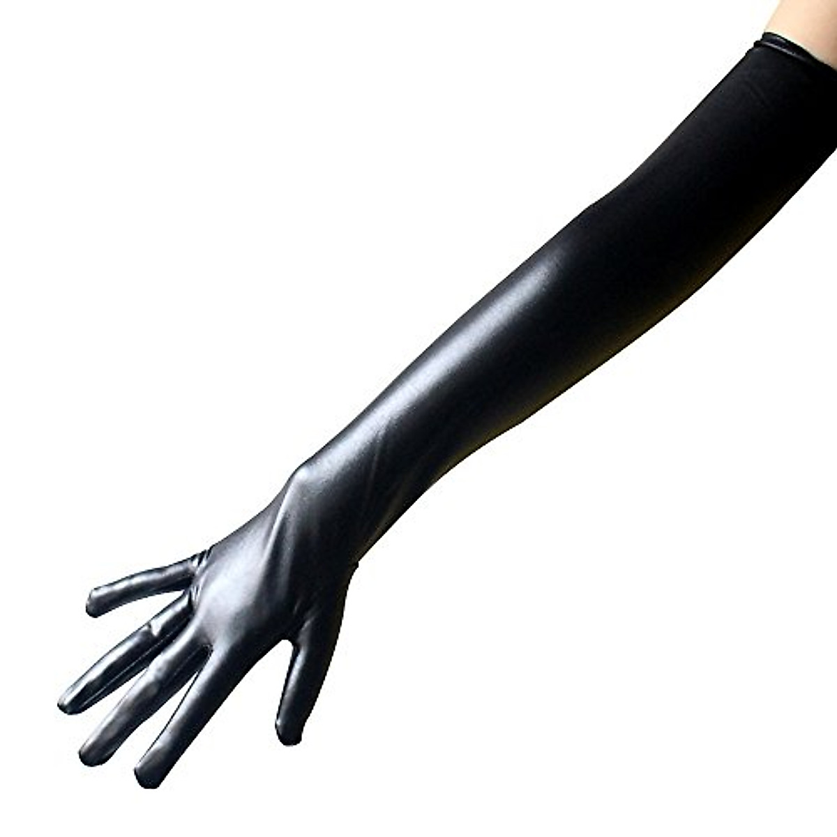 Yilistore 21 Inch Sexy Wet Look Gloves,Women's Metalic Satin Cosplay Finger Gloves for Halloween,Christmas,Evening Party Stage (Black)