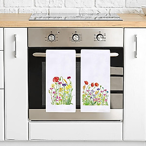 Watercolor Wild Flower Kitchen Dish Towel 18 x 28 Inch, Seasonal Spring Summer Floral Tea Towels Dish Cloth for Cooking Baking Housewarming Gift Set of 2