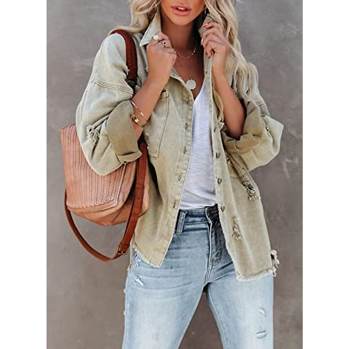 Necooer Women's Washed Denim Jacket Casual Long Boyfriend Distressed Vintage army green Jean Jacket Autumn Spring (Medium,C-ArmyGreen)