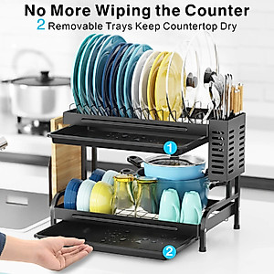 GSlife Dish Drying Rack, Metal 2 Tier Dish Rack Rust-Resistant Dish Drainer with Utensil Holder, Cutting Board Holder Set for Kitchen Counter, Black