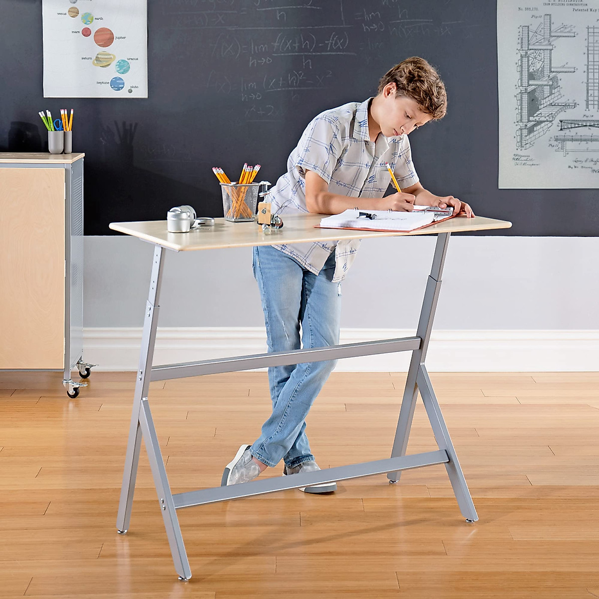 Guidecraft Standing Collaboration Desk for Kids and Adults: Adjustable Height Birch Plywood Table with Metal Legs for Home, Office, Classrooms and More