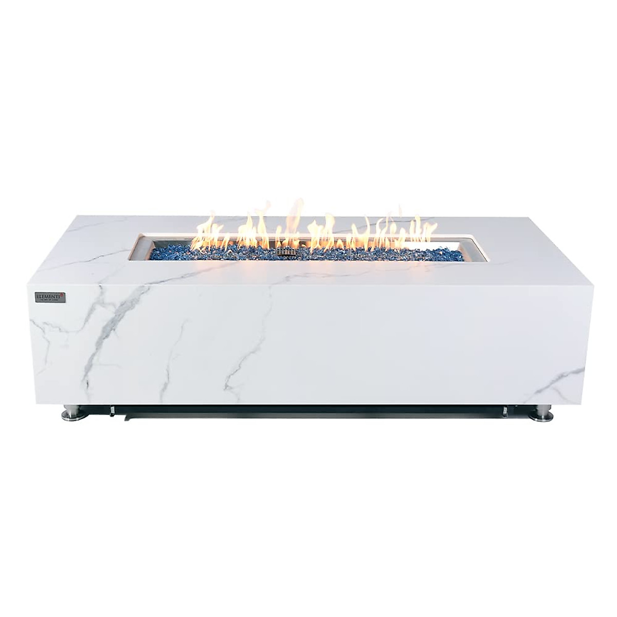 Elementi Plus Carrara Outdoor Table 59.8 Inches Fire Pit Patio Heater Marble Porcelain Firepits Outside Electronic Ignition Backyard Fireplace Cover Fire Glass Included Natural Gas