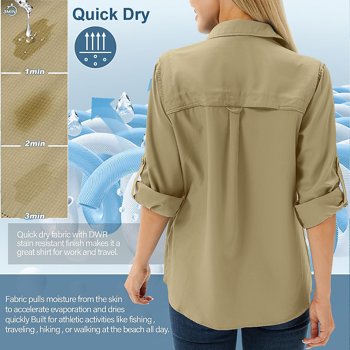 Women's UPF 50 Long Sleeve UV Sun Protection Safari Shirts Outdoor Quick Dry Fishing Travel Hiking Shirts #5070-Khaki-M