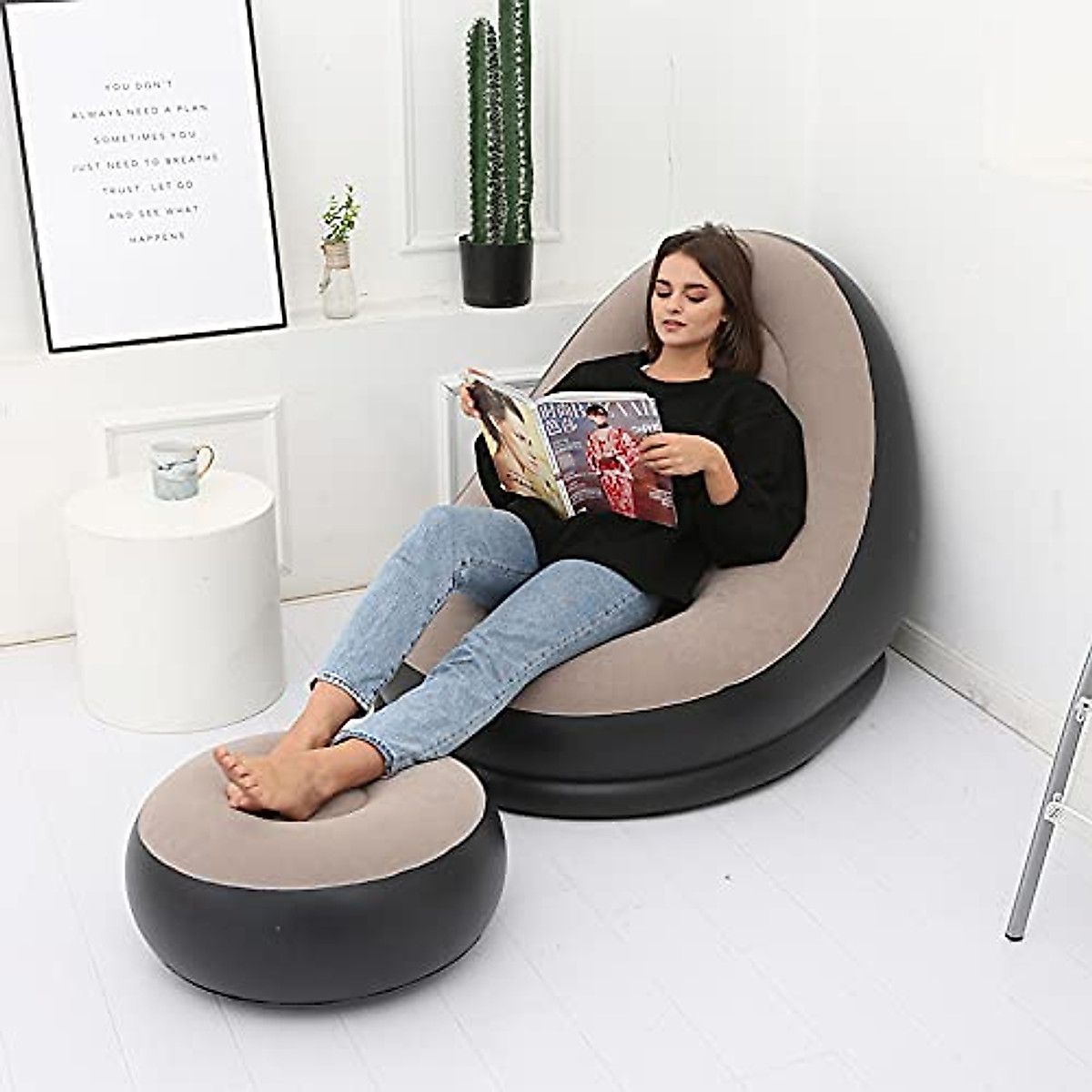 PLKO Inflatable Chair with Household air Pump, air Sofa Inflatable Couch,Inflatable Lounge Chair for Indoor LivingRoom Bedroom ReadingRoom Office Balcony,Outdoor Travel Camping Picnic(Beige and Black)
