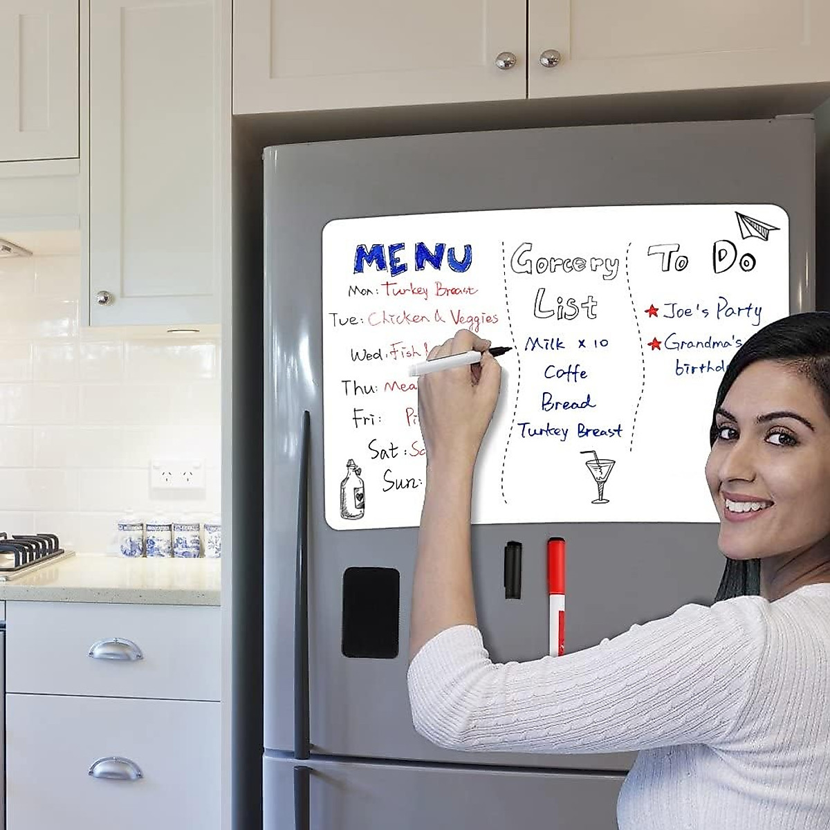 Magnetic Dry Erase Board Fridge White Board Sheet 20x13"-Easy to Write and Clean, Flexible Refrigerator Magnet Whiteboard Notepad for Home Kitchen Memo Grocery List, 2 Markers and Eraser with Magnets