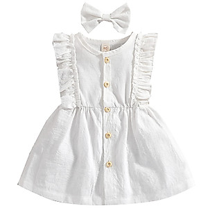 Cudilica Toddler Baby Girls Summer Dress Sleeveless Ruffle Solid Cotton Linen Button Princess Dresses Headband Infant Set (White, 6-12 Months)