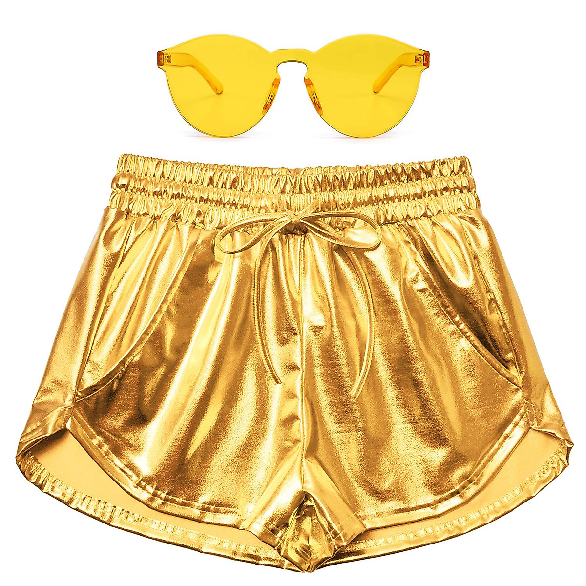 Perfashion Women's Gold Metallic Shorts Yoga Sparkly Hot Summer Drawstring Outfit Pairing with Glasses