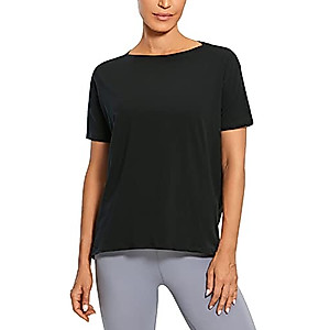 CRZ YOGA Women's Pima Cotton Short Sleeve Shirts Loose Fit Gym Workout T-Shirt Athletic Casual Tops Black X-Large