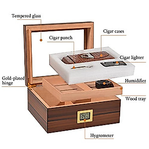 CIGAIOL Handcraft Cigar Kits with Cutter and Lighter, Luxurious Humidor Cigar Box Hold 30-50 Cigars 100% Cedar Wood Case with Digital Cigar Hygrometer/Travel humidor (No Cigars, no Batteries, no Gas)