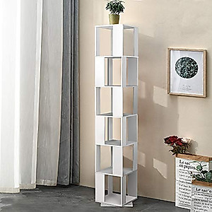 QIHANG-US 6 Tier Wooden Bookcase Corner Tall Book Shelf Modern 360° Rotating Storage Display Rack Floor Standing Shelves with Open Design Shelving Unit for Home Office Living Room Study, White