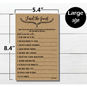 Find the Guest Game - Kraft (50-Sheets) Rustic Bridal Wedding Shower or Bachelorette Party Game, Printed Engagement Rehearsal (Large Size Sheets)