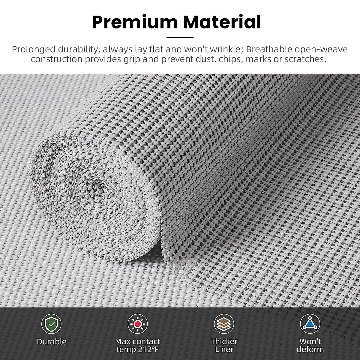 BAGAIL Drawer Liner, 12 in X 20 Ft Non-Adhesive Shelf Liners for Kitchen Cabinets, Thick Strong Grip Liners for Desk, Shelves, Bathroom Drawers, Cabinet Protection - LightGrey