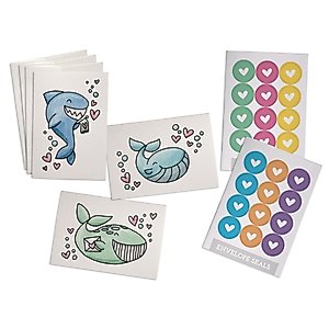 Sugartown Greetings Under the Sea Note Cards - 24 Sea Life Themed Note Cards with Envelopes and Colorful Heart Seal Stickers - For Birthday Thank You, Valentines Day - Featuring Sharks & Whales