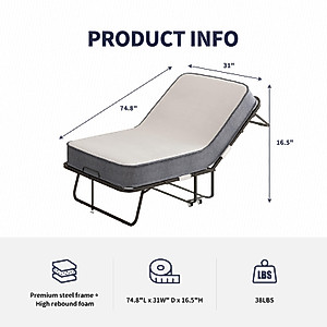 ZAFLY Folding Bed with 4” Memory Sponge Mattress, Portable Guest Bed Camping Cot for Adults, Soft Padded Rollaway Sleeping Bed for Travel and Hospital Nursing, 75 x 31” Twin Size(Standard)