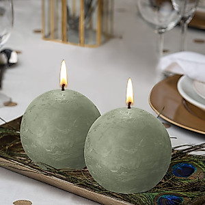 BOLSIUS 3 Pack Fresh Olive Rustic Ball Pillar Candles - 3 Inch - Premium European Quality - Includes Natural Plant-Based Wax - Unscented Dripless Smokeless 25 Hour Party Décor and Wedding Candles