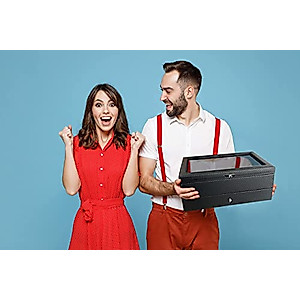 HAUTEROW Watch Box Organizer For Men Jewelry Box, Watch Case Sunglass Organizer Valet Tray Mens Jewelry Organizer Holds 6 Watches 3 Sunglasses