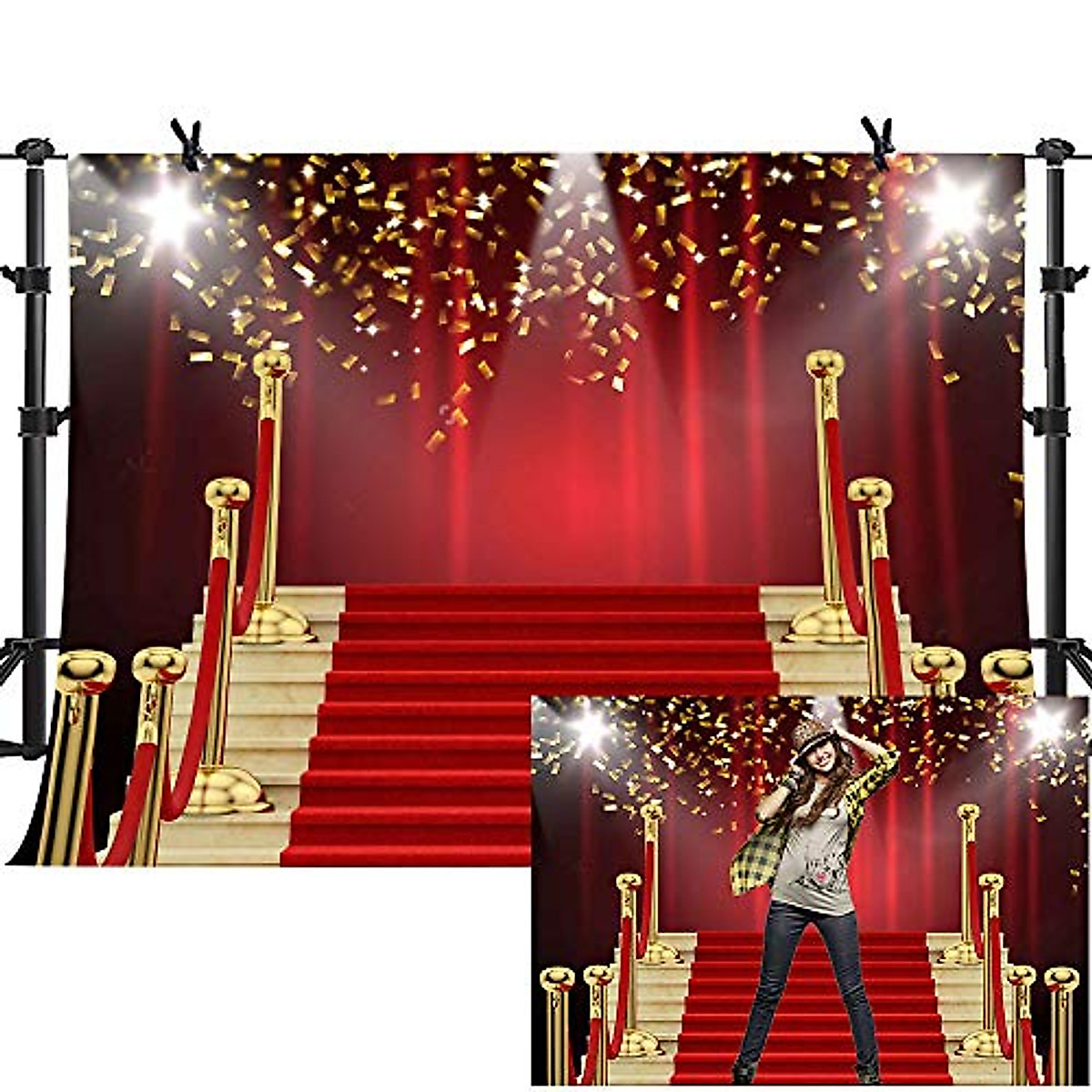 MTMETY 7x5Ft Red Curtain Background Red Carpet Stairs Props Vinyl Photography Video Backdrop NANME853