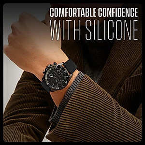 STUNNING SELECTION ALPINE Premium quality waterproof silicone watch band strap with quick release – Soft rubber black watch band 22mm - grey stitching