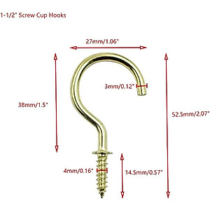 Tsnamay 50Pcs 1-1/2" Brass-Plated Ceiling Screw Cup Hooks