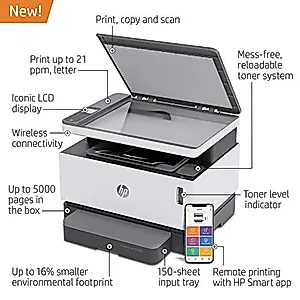 HP Neverstop Laser MFP 1202w Wireless Monochrome All-in-One Printer with cartridge-free toner tank, comes with up to 5,000 pages of toner in the box (5HG92A)