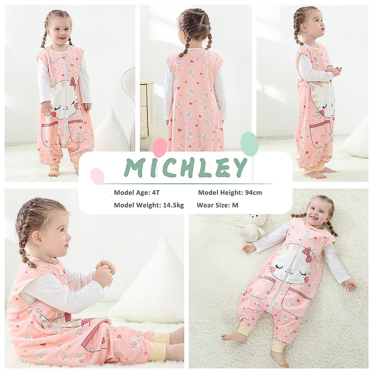 MICHLEY Unisex Baby Wearable Blanket Autumn Winter Toddler Sleeveless Sleeping Bag with Feet,Cat,1-3T