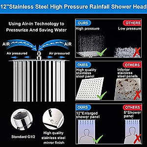 12"High Pressure Rainfall Shower Head with Handheld Spray Combo, Square Waterfall Shower Heads, 5Settings Chrome Showerhead Spray with Holder, 13"Adjustable Extension Arm, 59"Stainless Steel Hose