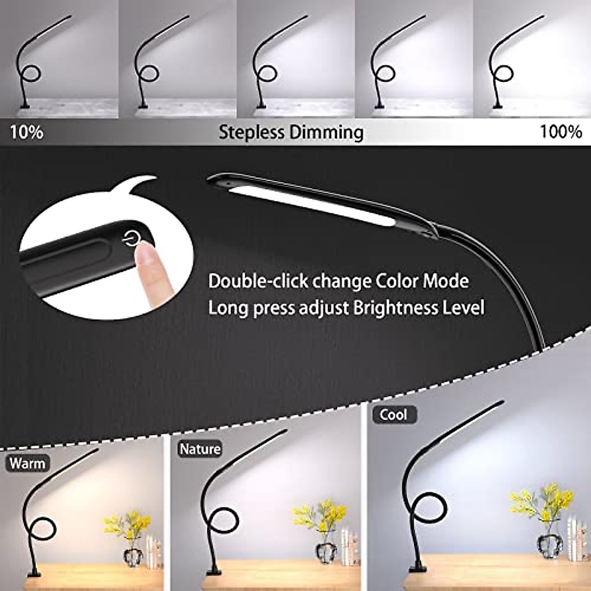 LED Desk Lamp with Clamp,Flexible Gooseneck Clamp Lamp,Dimmable,Touch Control 3 Color Modes,Eye-Care Table Light with Adjustable Arm,Architect Lamp for Home/ Office /Workbench/Reading Working Black
