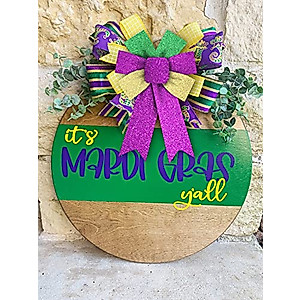 Hying 2 Pieces Mardi Gras Bows for Wreath, Mardi Gras Wreath Bows Glitter Green Purple Gold Bows Fat Tuesday Gift Bows for Front Door Mardi Gras Masquerade Cosplay Party Decor Supplies