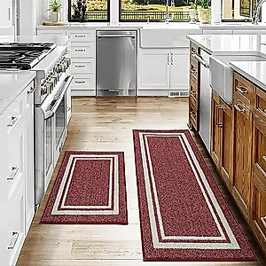 COSY HOMEER Kitchen Rugs Non-Slip 20" x30/20 x48 Inch Thick Polypropylene Standing Mat for Home Machine Washable, Red Frame