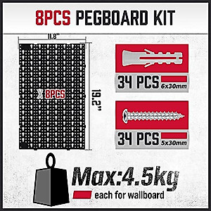 Premium Pegboard Panel Kit with 8 Panels 81 Hangers - Wall Mounted Black Peg Board Tool Storage System, Workshop Black Pegboard Tool Holder, Pegboard Hooks Wall Organizer, Utility Rack Tool Organizer
