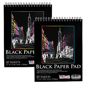 U.S. Art Supply 11" x 14" Premium Black Heavyweight Paper Sketch Pad, Pack of 2, 30 Sheets Each, 64lb (140gsm) - Spiral Bound Artist Drawing Paper - Colored Pencils, Gel Pens, Oil Pastels