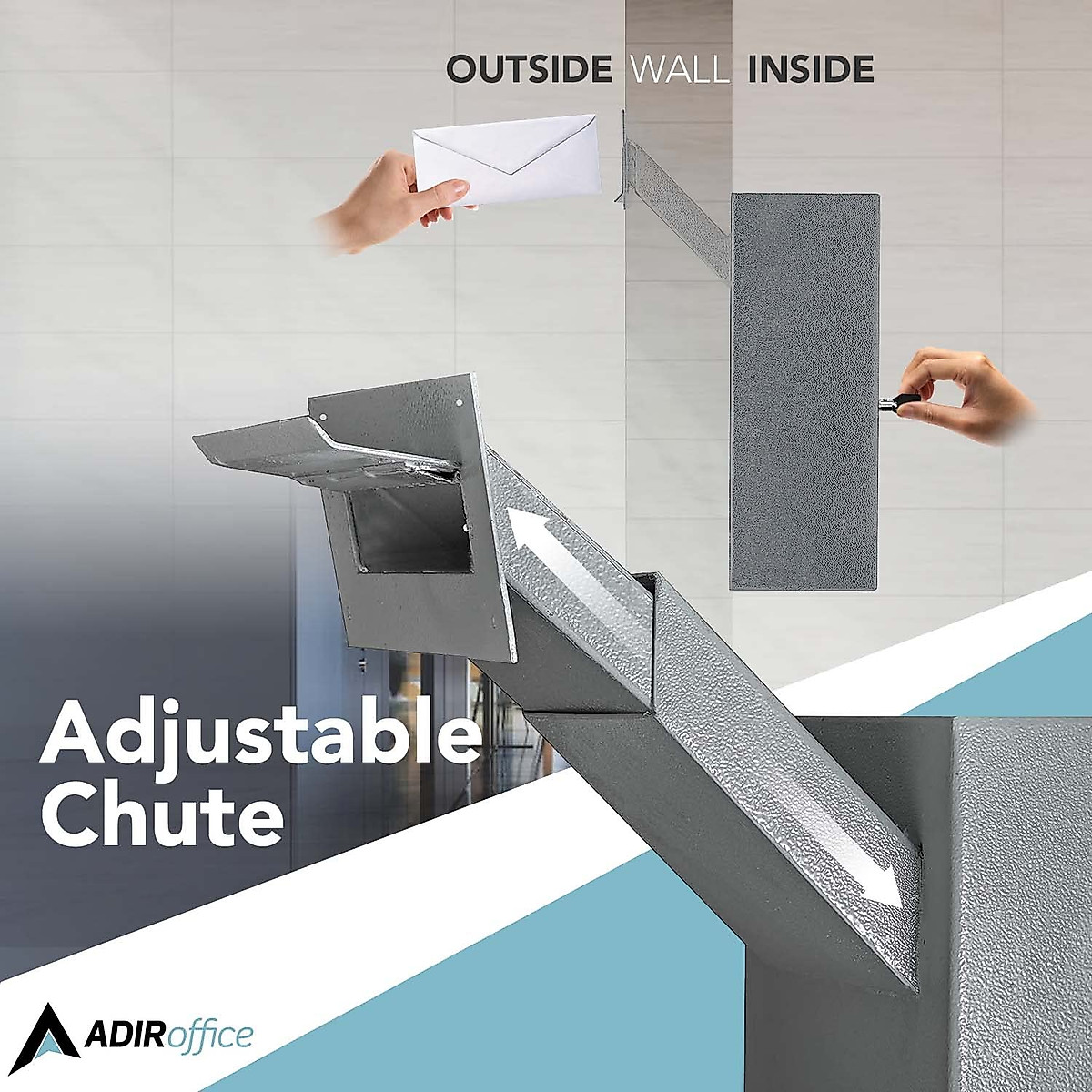 AdirOffice Through The Wall Drop Box Safe - Durable Thick Steel w/Adjustable Chute - Mail Vault for Home Office Hotel Apartment Grey