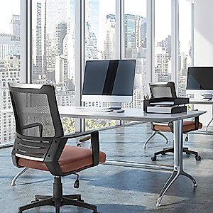 Yaheetech Mid Back Mesh Chair w/Leather Seat Executive Office Chair Computer Task Chair with Armrests Ergonomic Desk Chair with Lumbar Support, Brown