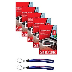 SanDisk Cruzer Blade 8GB (5 Pack) SDCZ50-008G USB 2.0 Flash Drive - Five Pack Retail Packs Bundle with(2) Everything But Stromboli Lanyards
