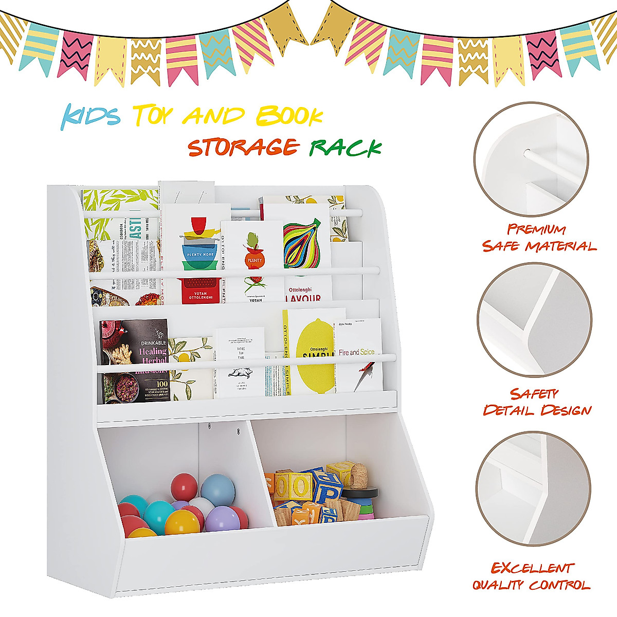 UTEX Kids Bookshelf and Toy Storage Cabinet, Kids Bookcase and Toy Organizer with Cubby, Kids Bookshelves Display Stand, Kids Book Rack for 3 Age+, White