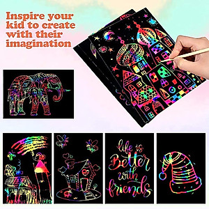 Mocoosy 60 Pcs Scratch Art Paper for Kids, Rainbow Magic Scratch Off Paper Set Art Craft Kit Black Scratch Paper Sheets with 4 Stencils 5 Wooden Stylus for Birthday Party Favors Game Activities