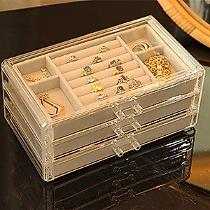 Acrylic Jewelry Boxes For Women With 3 Drawers Stackable Velvet Jewelry Organizer Holder for Earring Bangle Bracelet Necklace Ring Display Case Gift for Girls