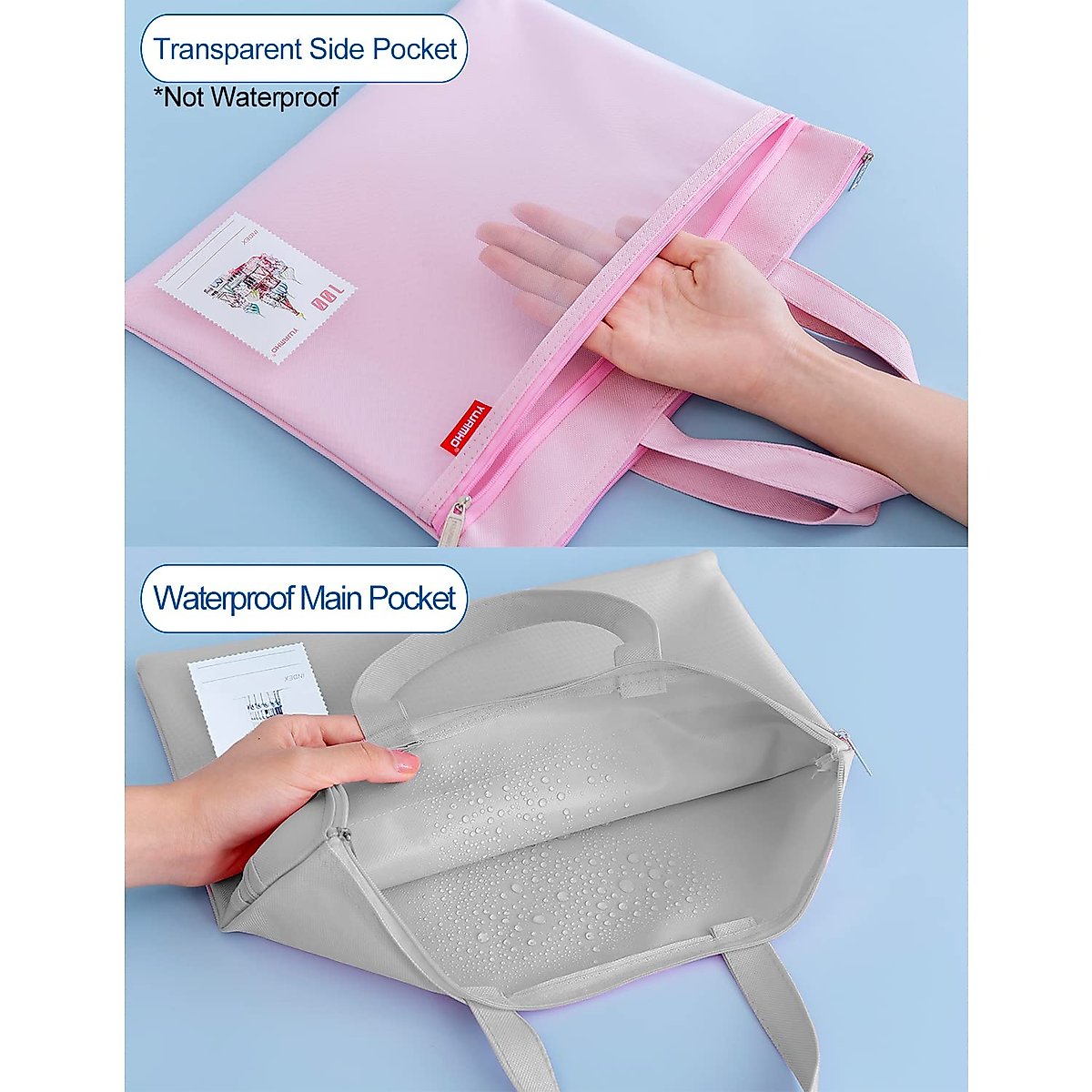Pendancy Mesh Zipper Pouch 11x13.7 in, Large Double Pocket Waterproof File Bag with Handle, A4 Size Foldable Document Storage for Puzzle Project/Cross Stitch/Travel/Office（Gray）